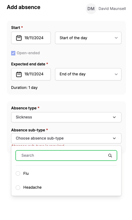 Logging absence sub-types – Sona Support